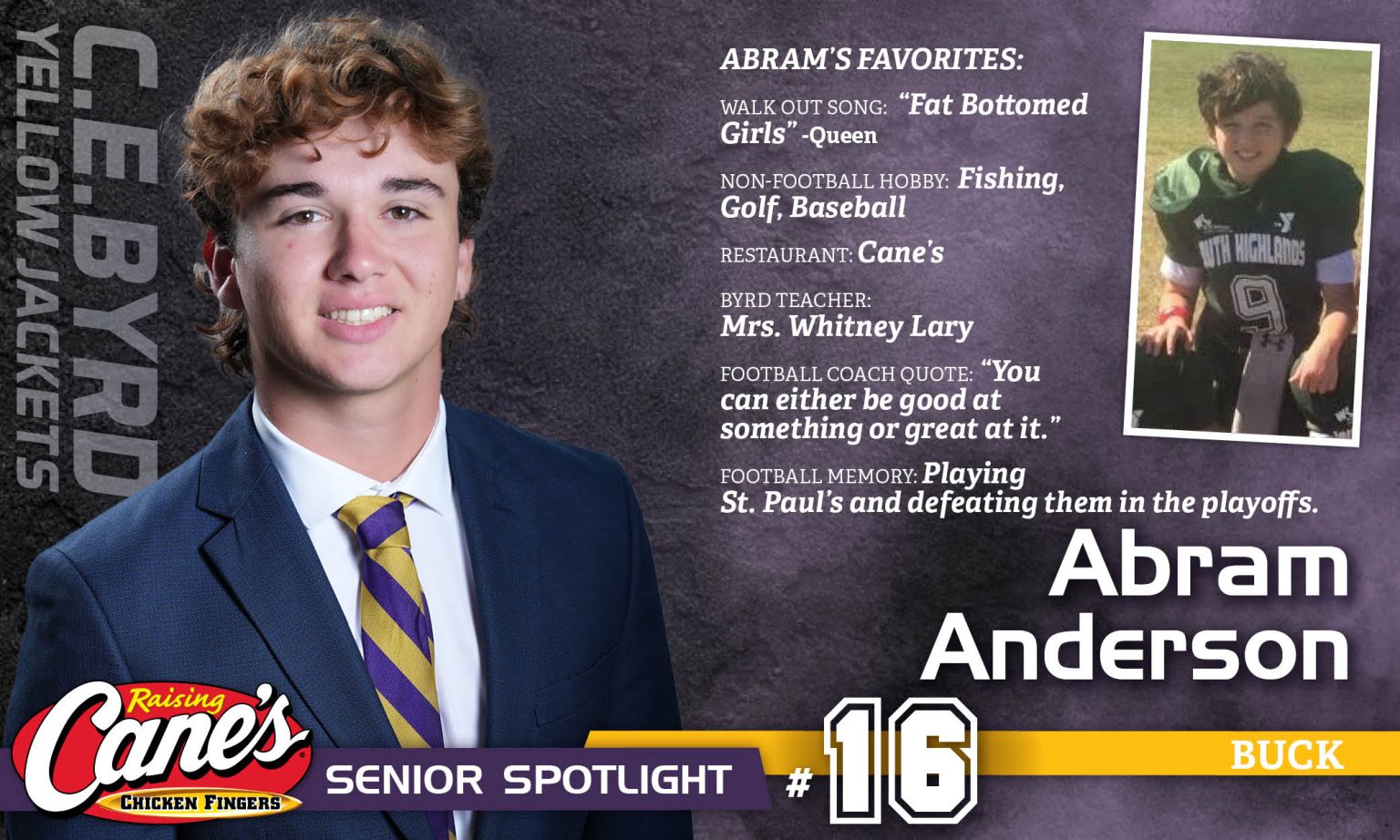 Raising Cane’s Senior Spotlight – No. 16 Abram Anderson | CE Byrd High School