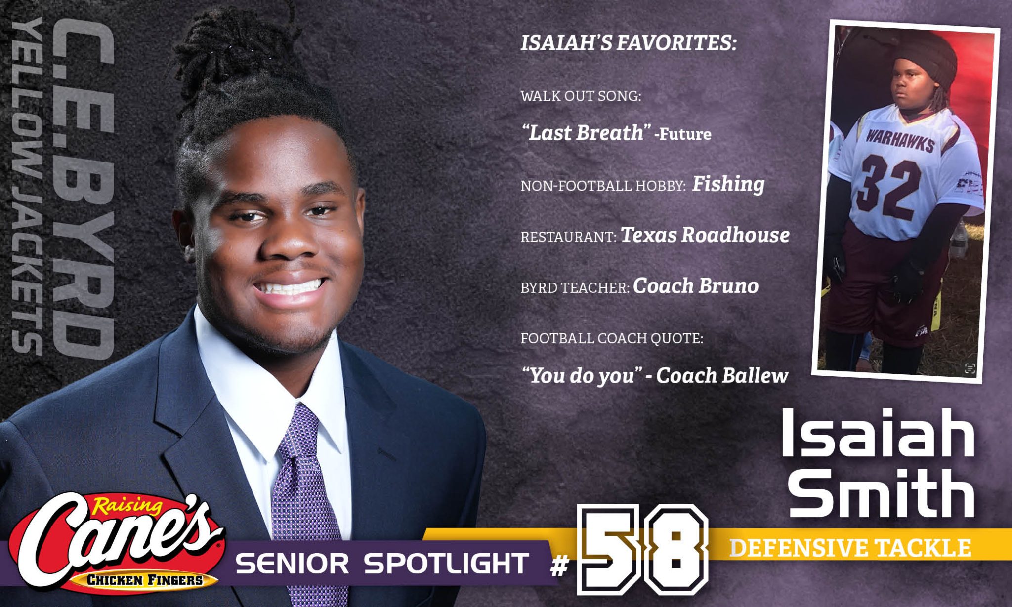 Raising Cane’s Senior Spotlight – No. 58 Isaiah Smith | CE Byrd High School